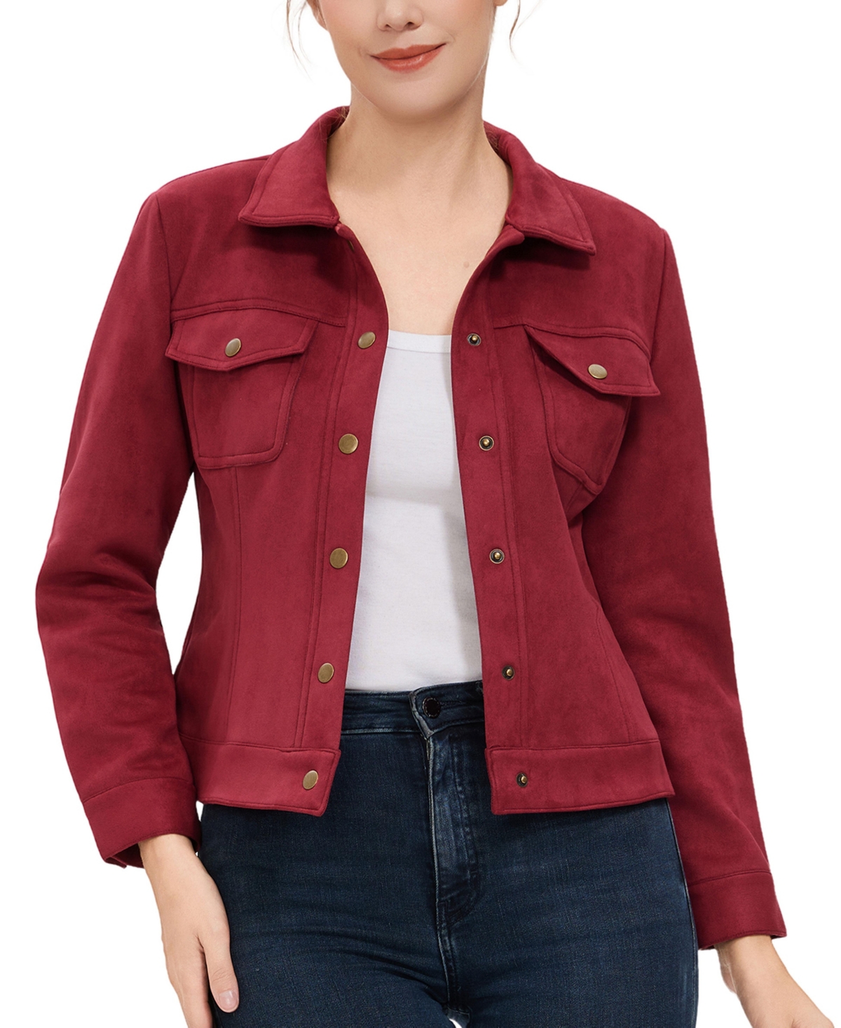 Click here for kimi + kai Womens Faux Suede Trucker Jacket - Wine prices