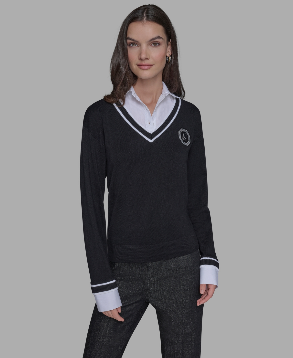 Karl Lagerfeld Paris Womens Twofer Patch V-Neck Sweater - Black/soft White