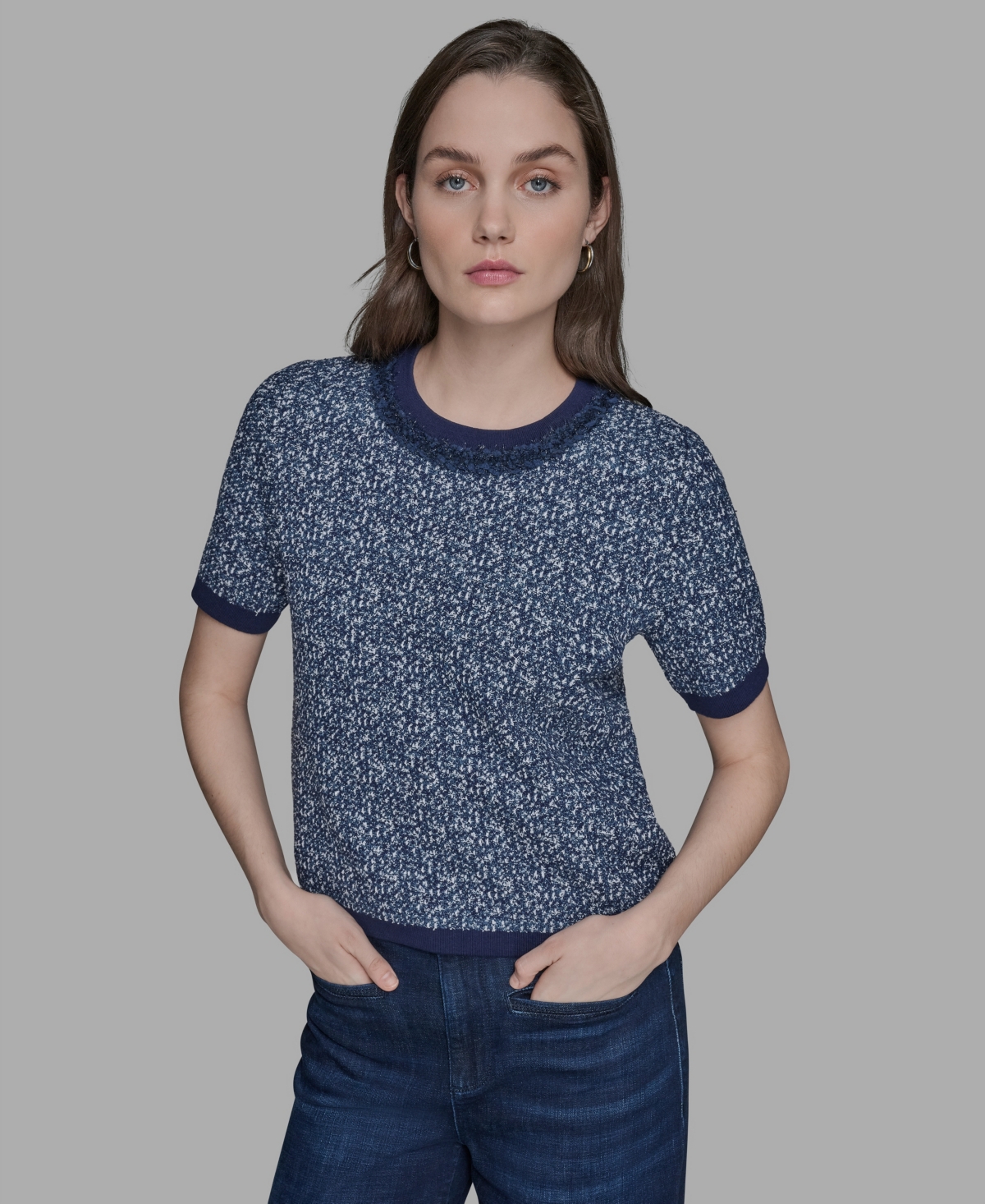 Click here for Karl Lagerfeld Paris Womens Textured-Knit Short-Sl... prices