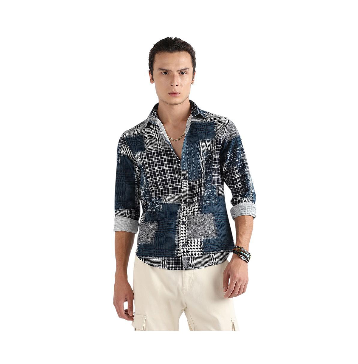Click here for Campus Sutra Mens Navy Blue Herringbone Block Shir... prices