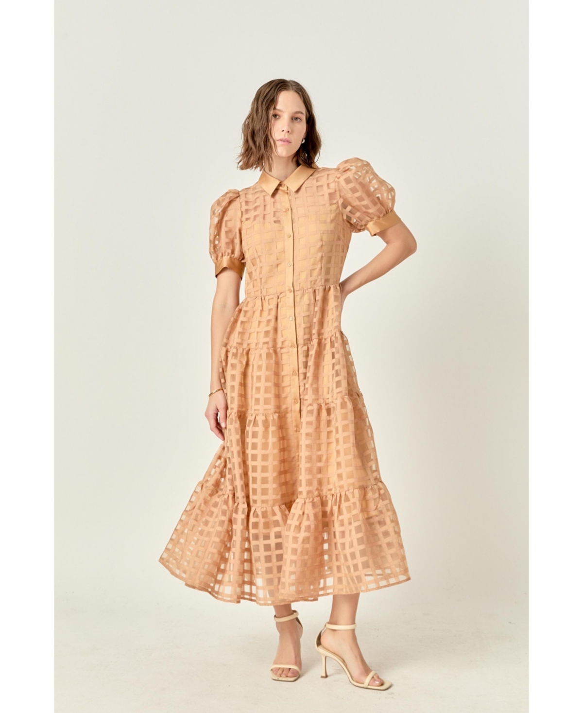 English Factory Womens Gridded Organza Tiered Maxi Dress - Camel