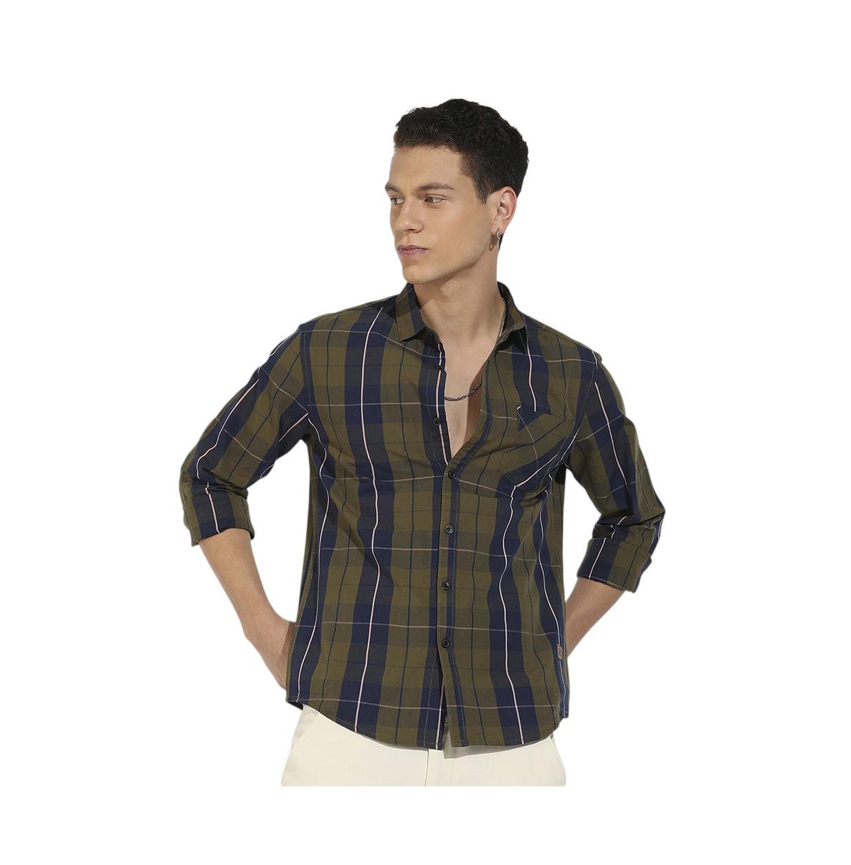 Click here for Campus Sutra Mens Olive Green Tartan Plaid Shirt -... prices