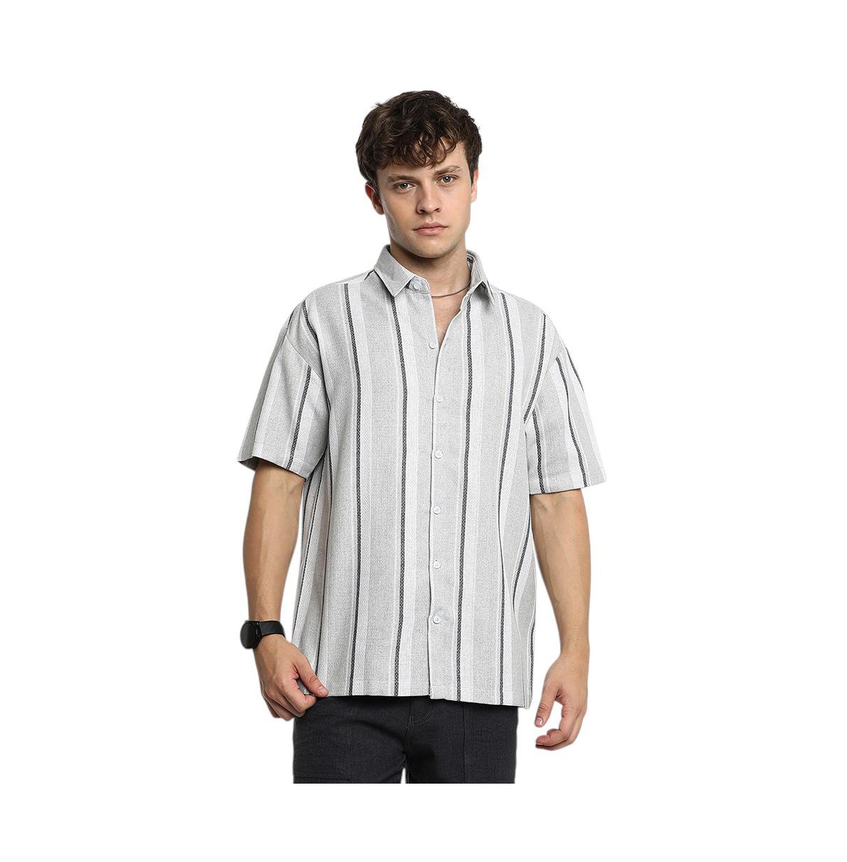Click here for Campus Sutra Mens Ash Grey Unbalanced Striped Shir... prices