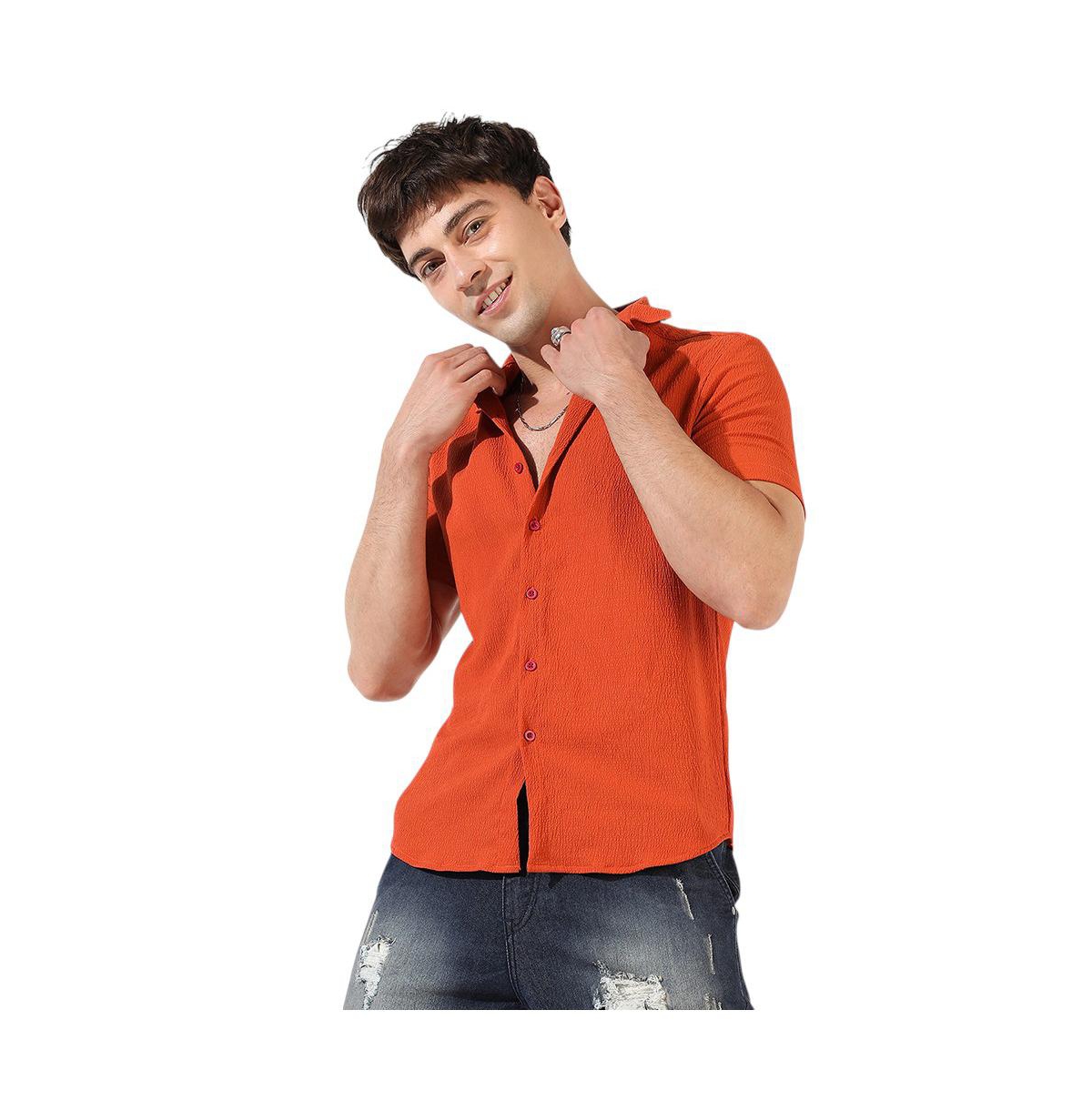 Click here for Campus Sutra Mens Burnt Orange Textured Regular Fi... prices
