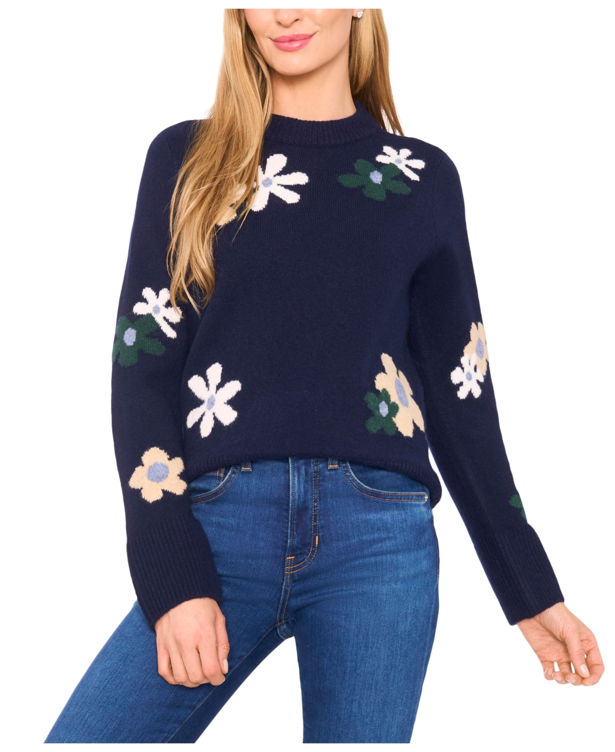 Click here for CeCe Womens Crewneck Flower Patterned Knit Long-Sl... prices
