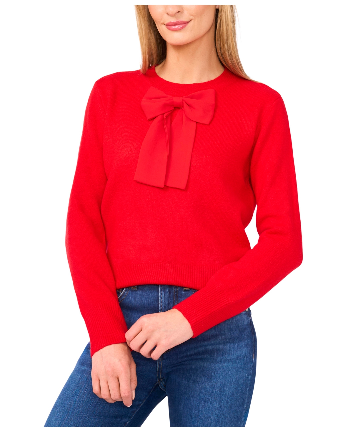 Click here for CeCe Womens Bow-Trim Crewneck Sweater - Bright Che... prices
