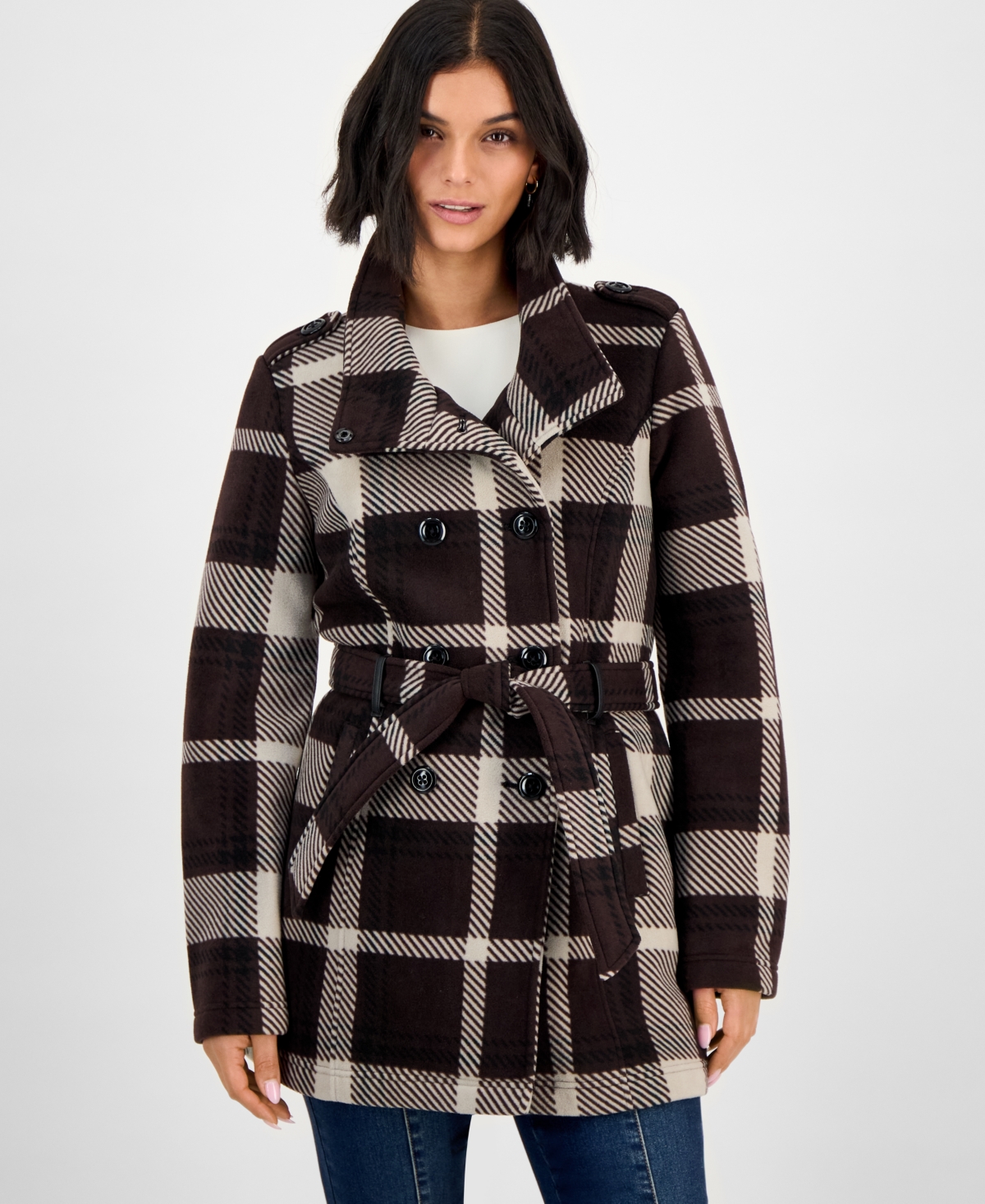 Click here for Bcx Juniors Plaid Micro-Fleece Belted Jacket - Bro... prices