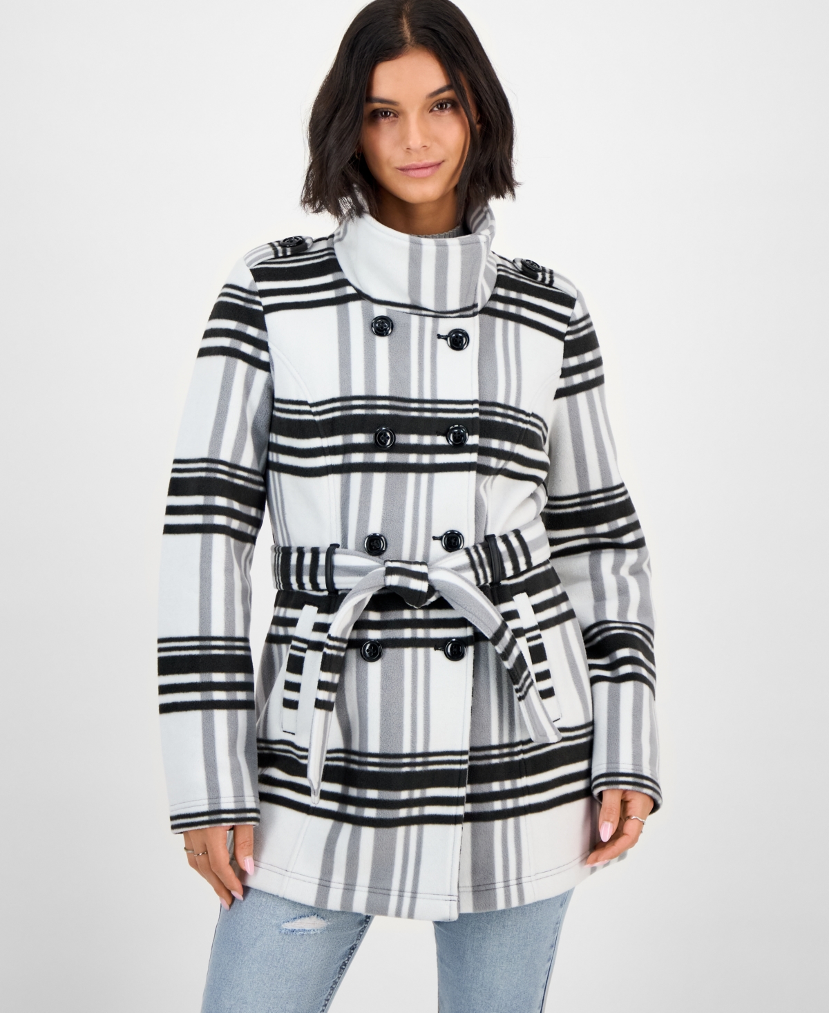 Click here for Bcx Juniors Plaid Micro-Fleece Belted Jacket - Whi... prices