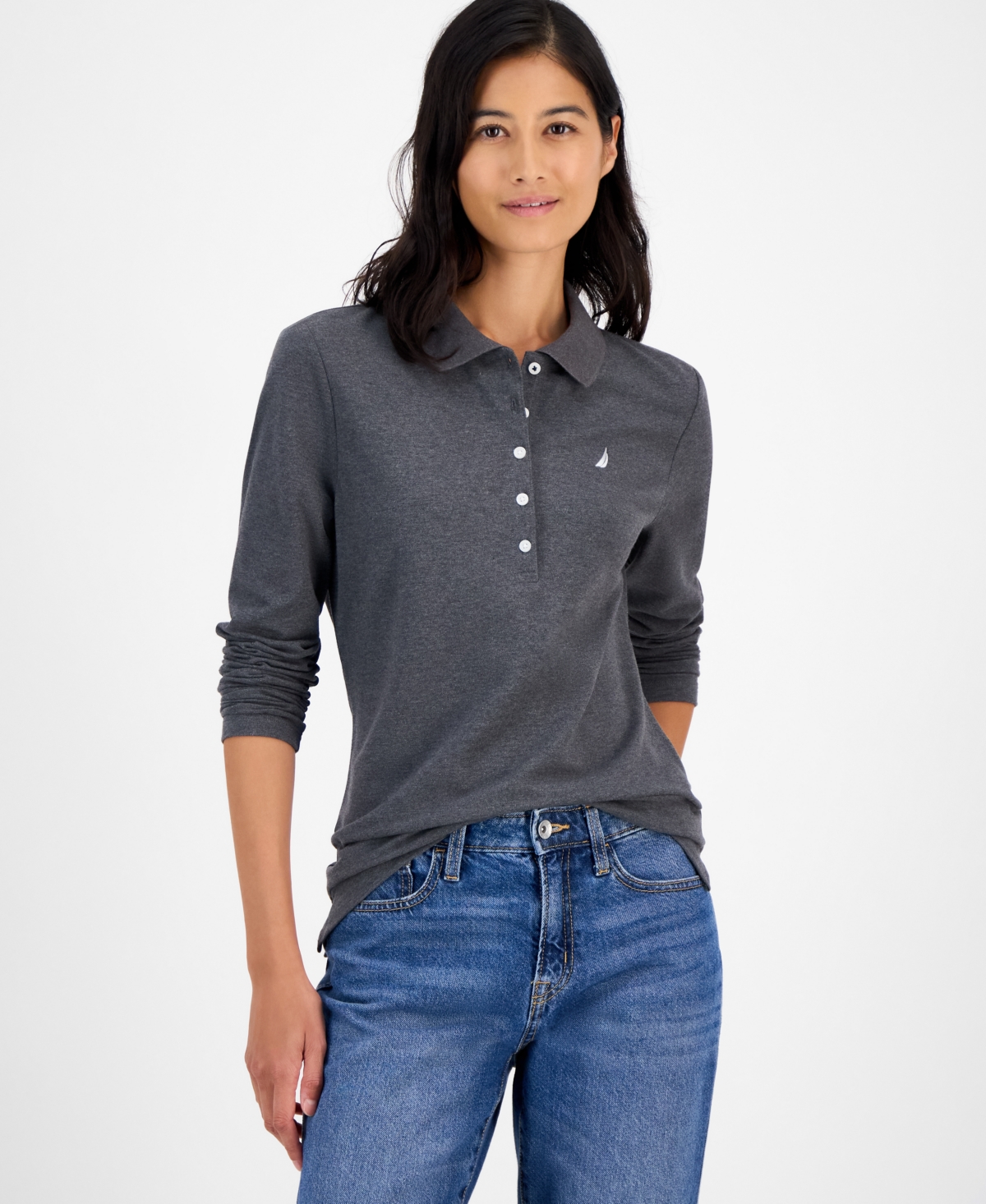 Click here for Nautica Jeans Womens Long Sleeve Polo Shirt - Char... prices