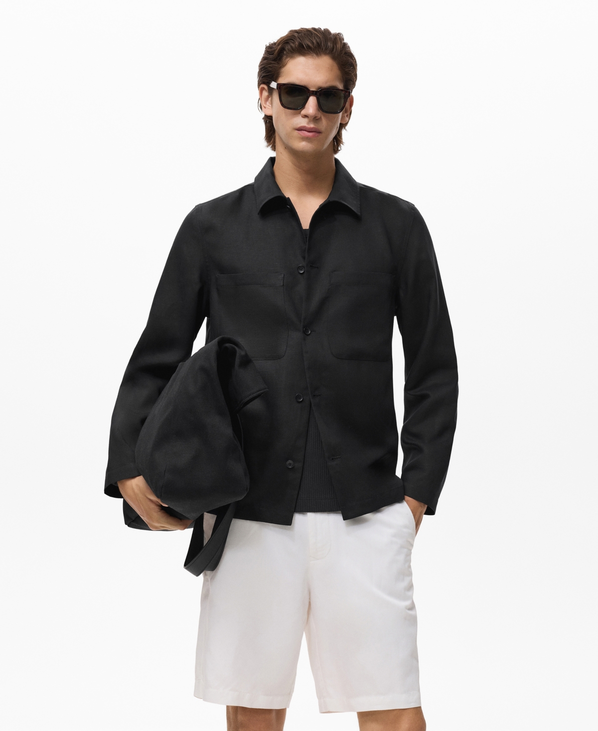Click here for Mango Mens Linen-Blend Pockets Jacket - Black prices