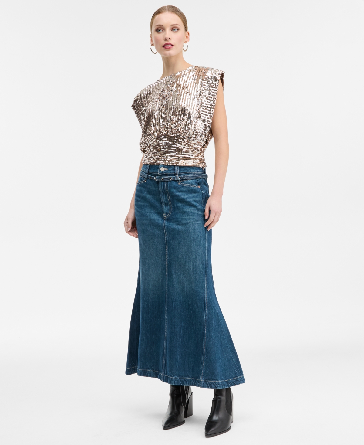 Click here for Boss Orange Womens Flared Denim Maxi Skirt - Dark... prices