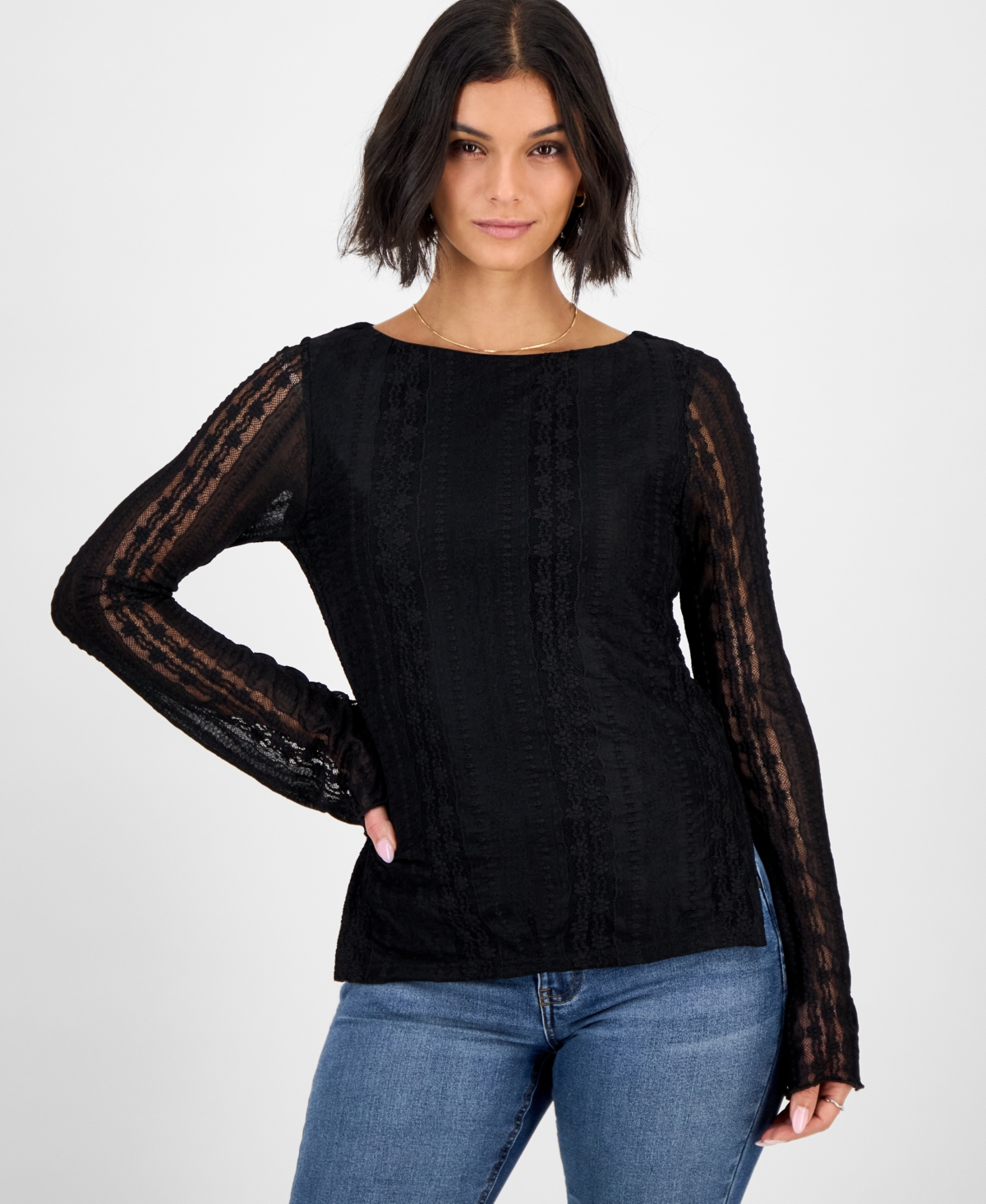 Click here for Ultra Flirt Juniors Lace Boat-Neck Long-Sleeve Top... prices