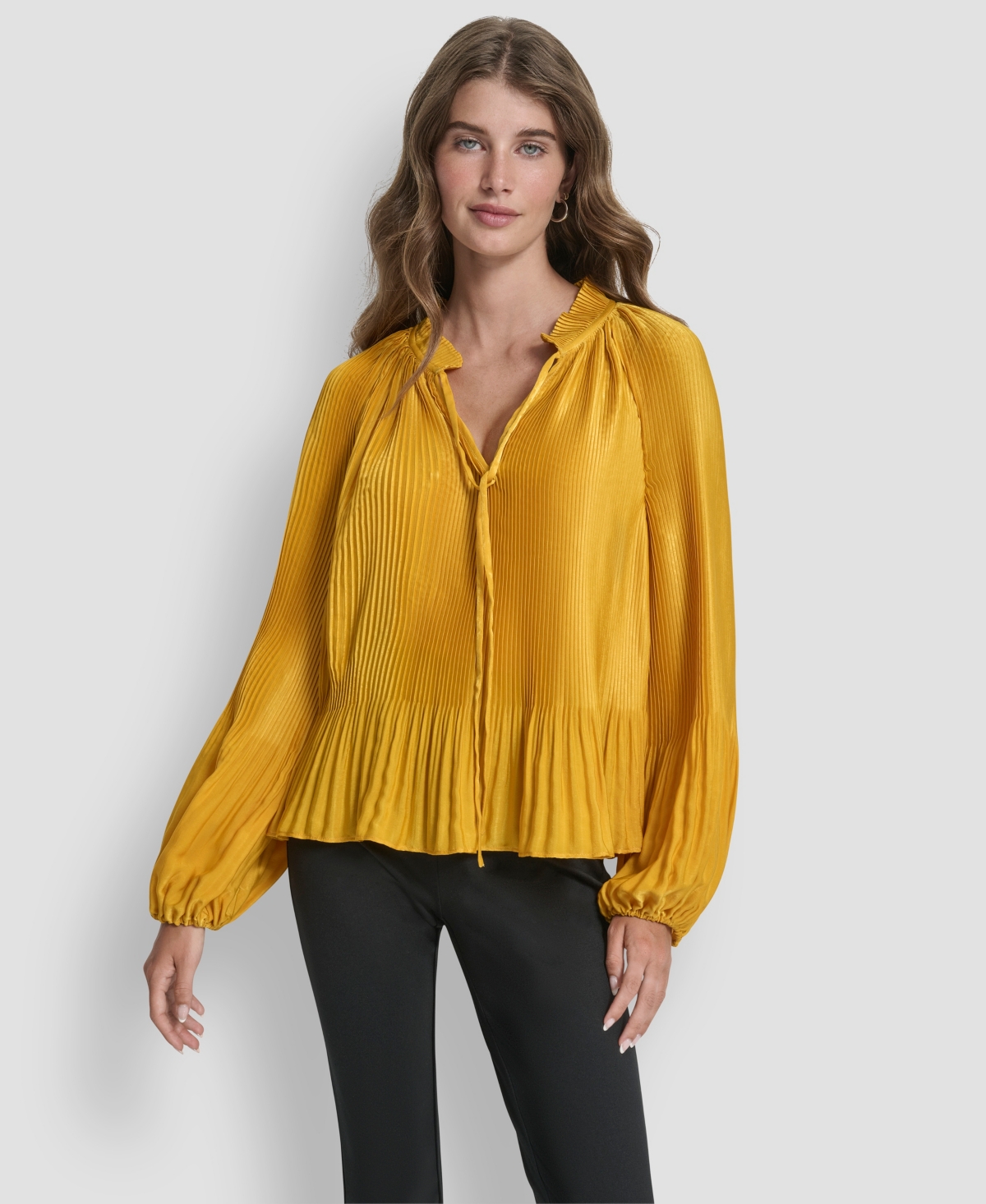 Click here for Dkny Womens Long Sleeve Pleat Top - Sunset Yellow prices