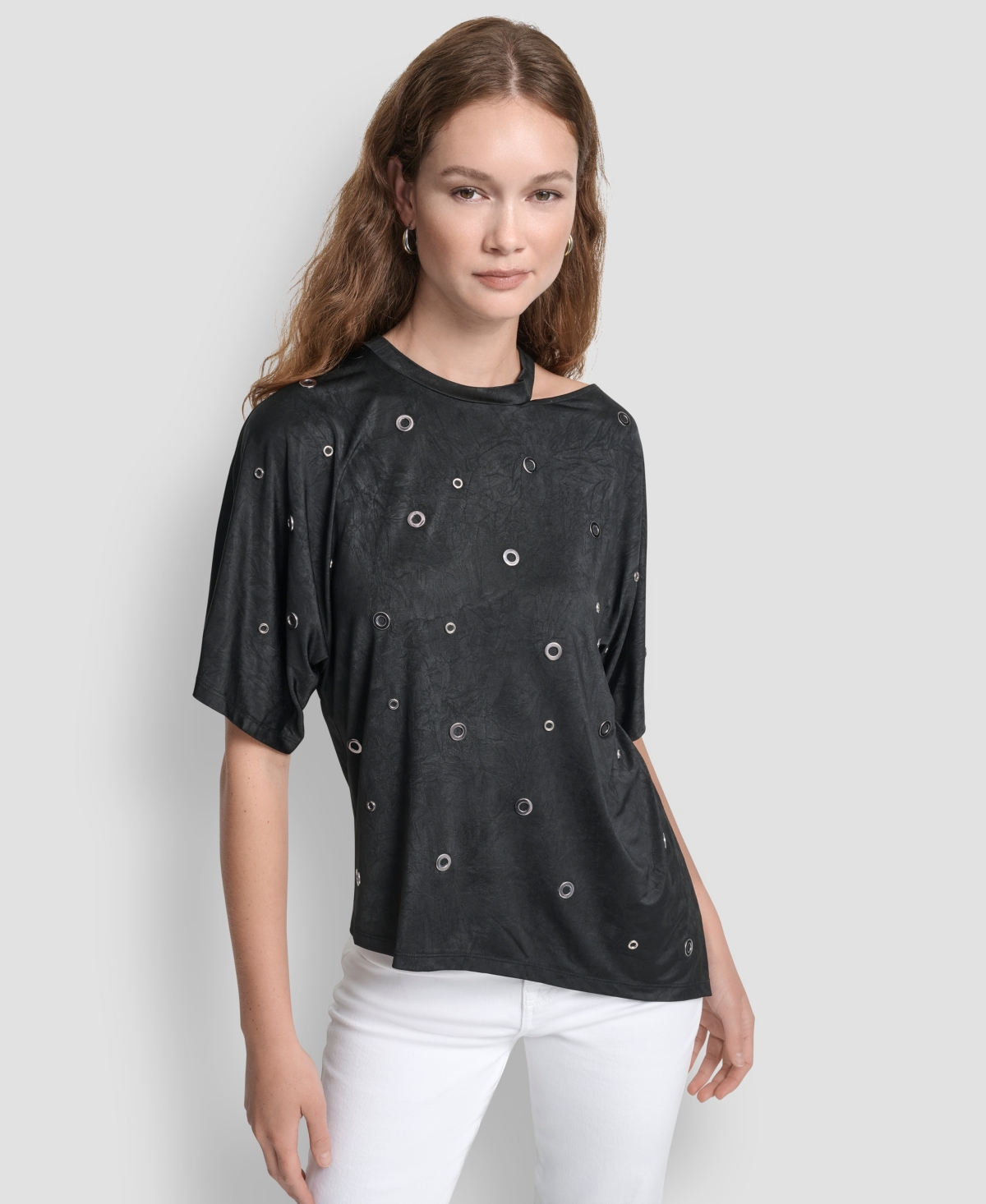 Click here for Dkny Womens Short Sleeve Grommet Detail Cutout Top... prices