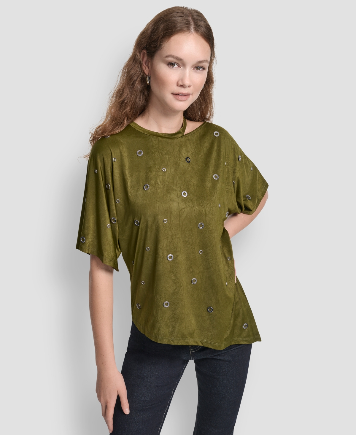 Click here for Dkny Womens Short Sleeve Grommet Detail Cutout Top... prices