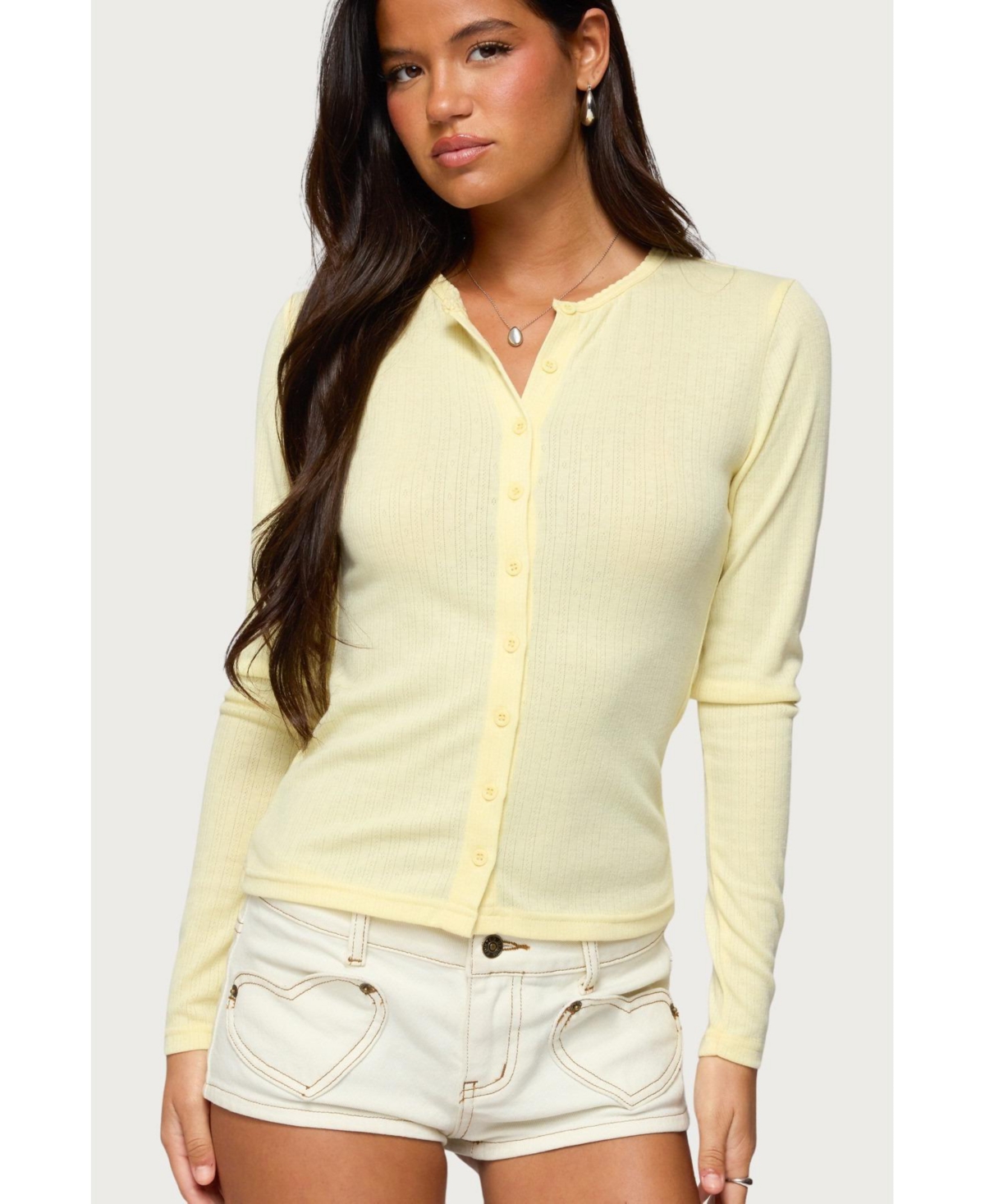 Click here for Edikted Womens Maeva Button Up Pointelle Top - Yel... prices