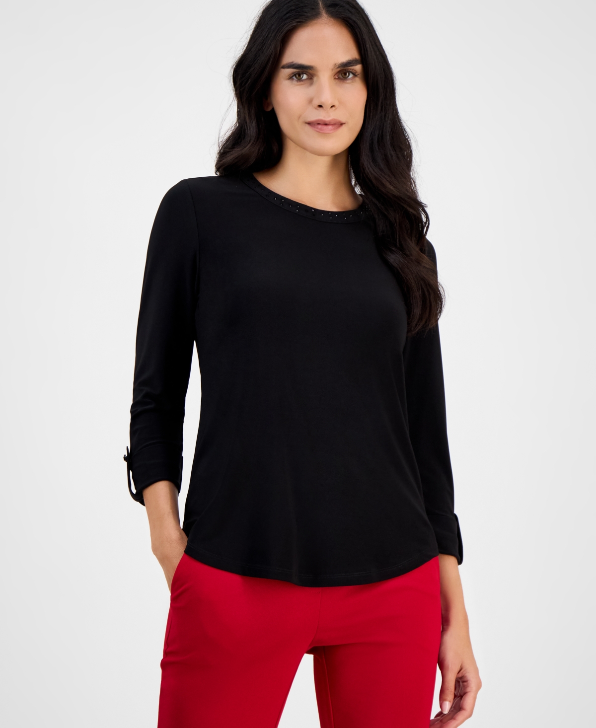 Click here for Ak Anne Klein Petite Embellished-Neck Roll-Tab-Sle... prices