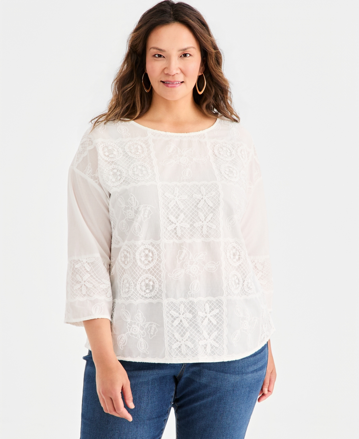 Click here for Style & Co Plus Size Lace Patchwork Round Neck Top... prices