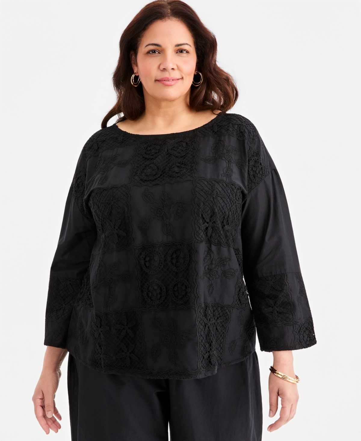 Click here for Style & Co Plus Size Lace Patchwork Round Neck Top... prices