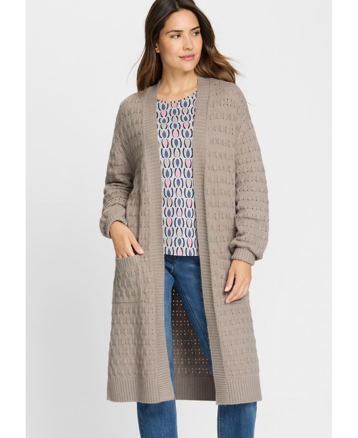 Click here for Olsen Stitch Interest Longline Cardigan - Dark tau... prices