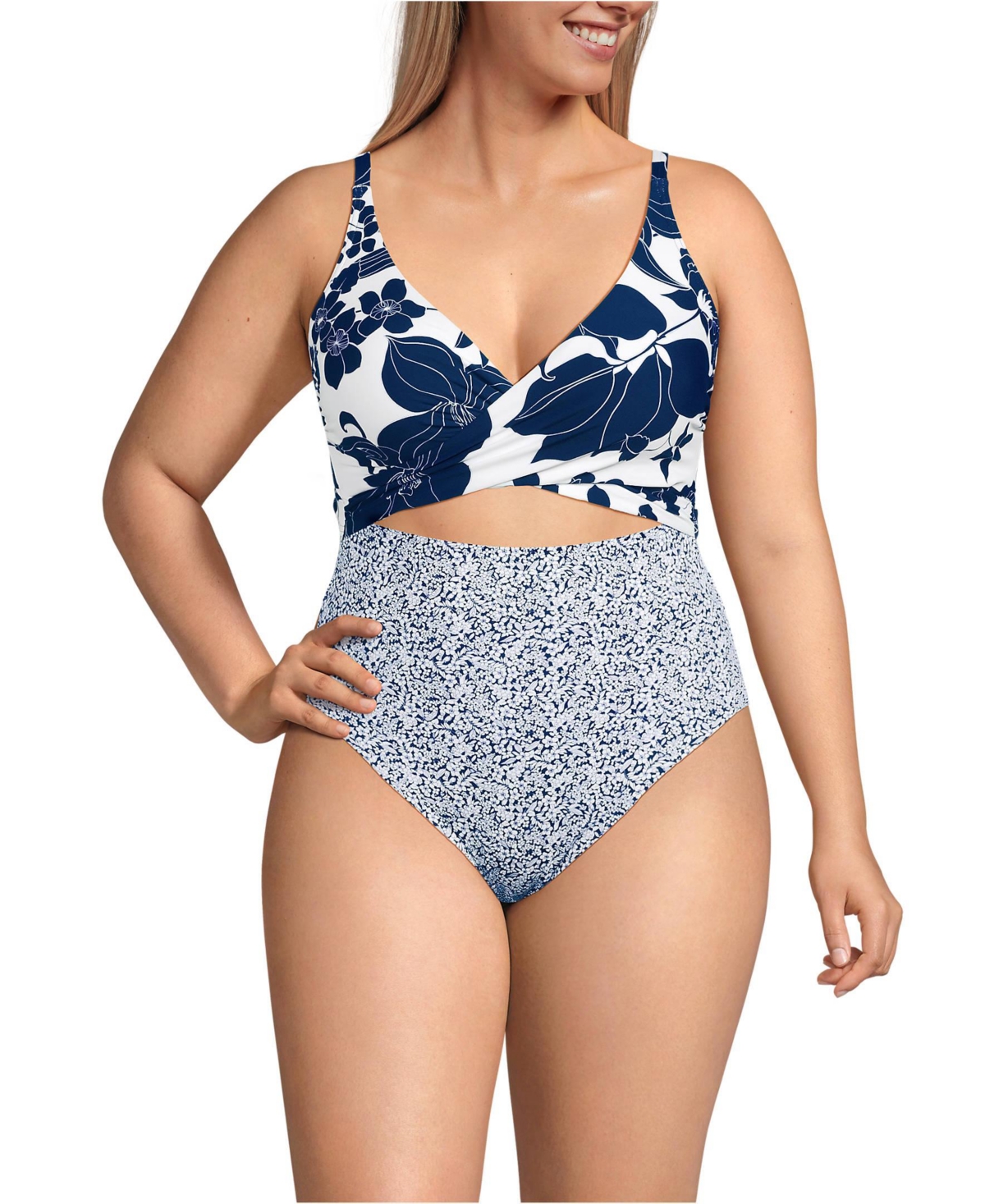 Lands End Womens Plus Size Wrap Monokini High Leg One Piece Swimsuit - White/deep sea navy lilies mix