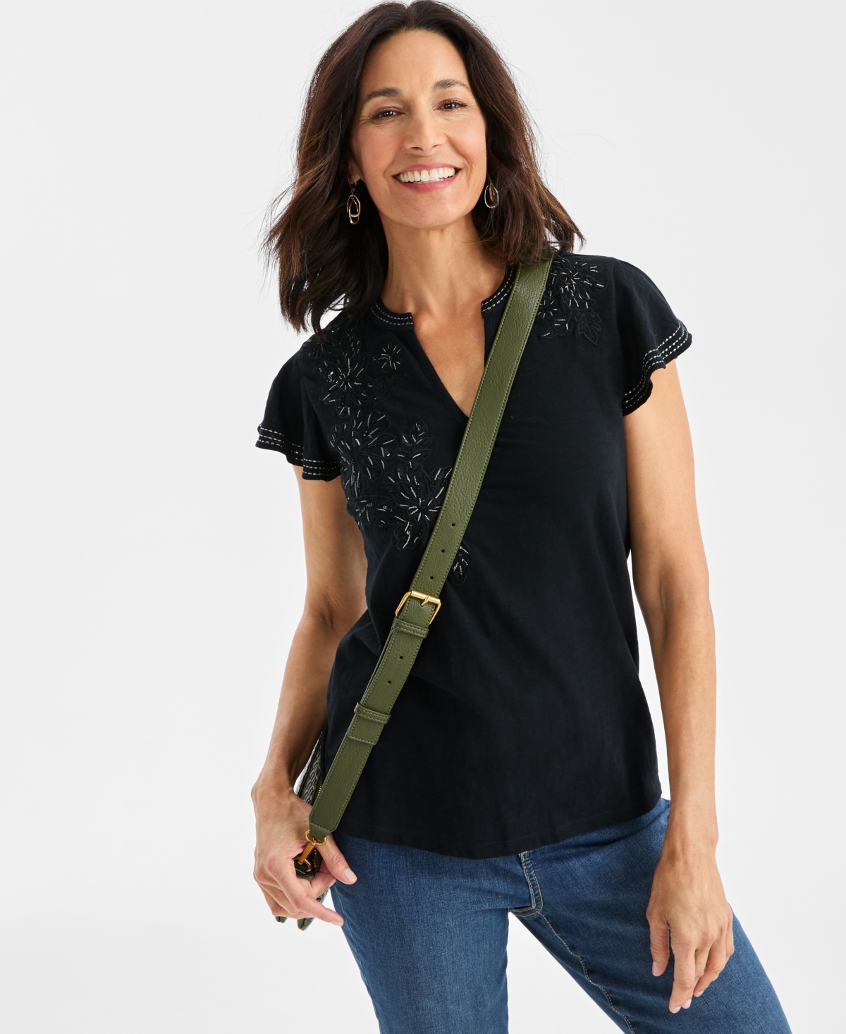 Click here for Style & Co Womens Cotton Embroidered Flutter-Sleev... prices