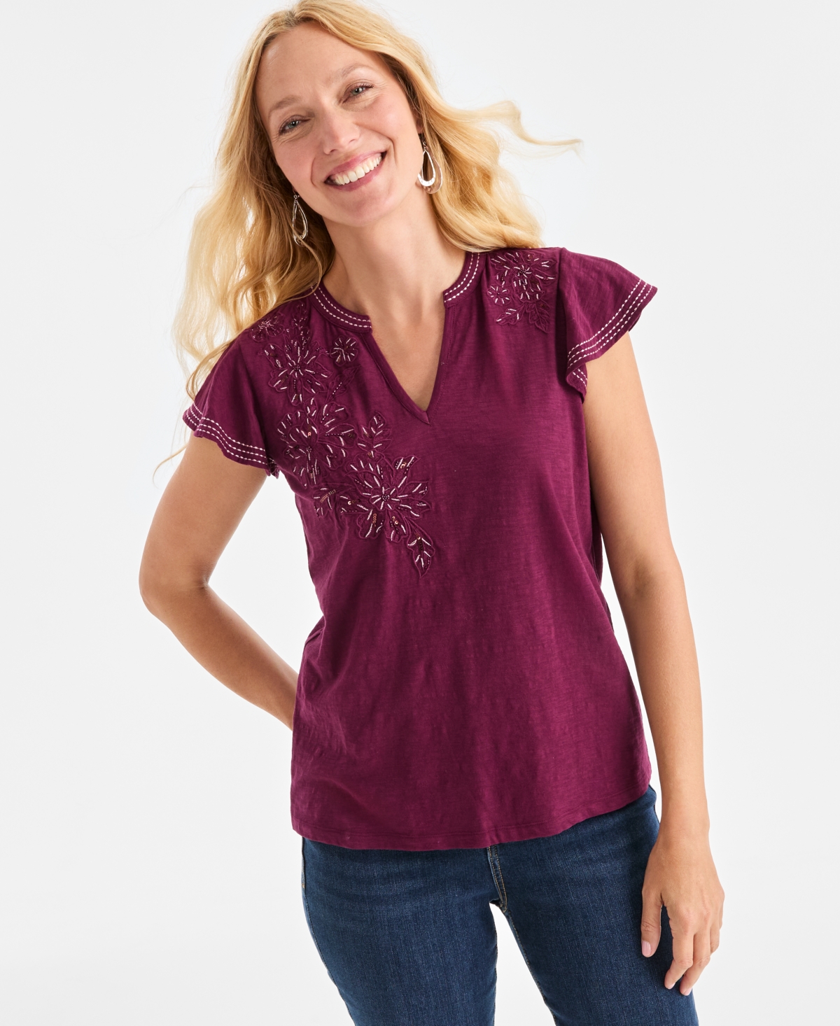 Click here for Style & Co Womens Cotton Embroidered Flutter-Sleev... prices