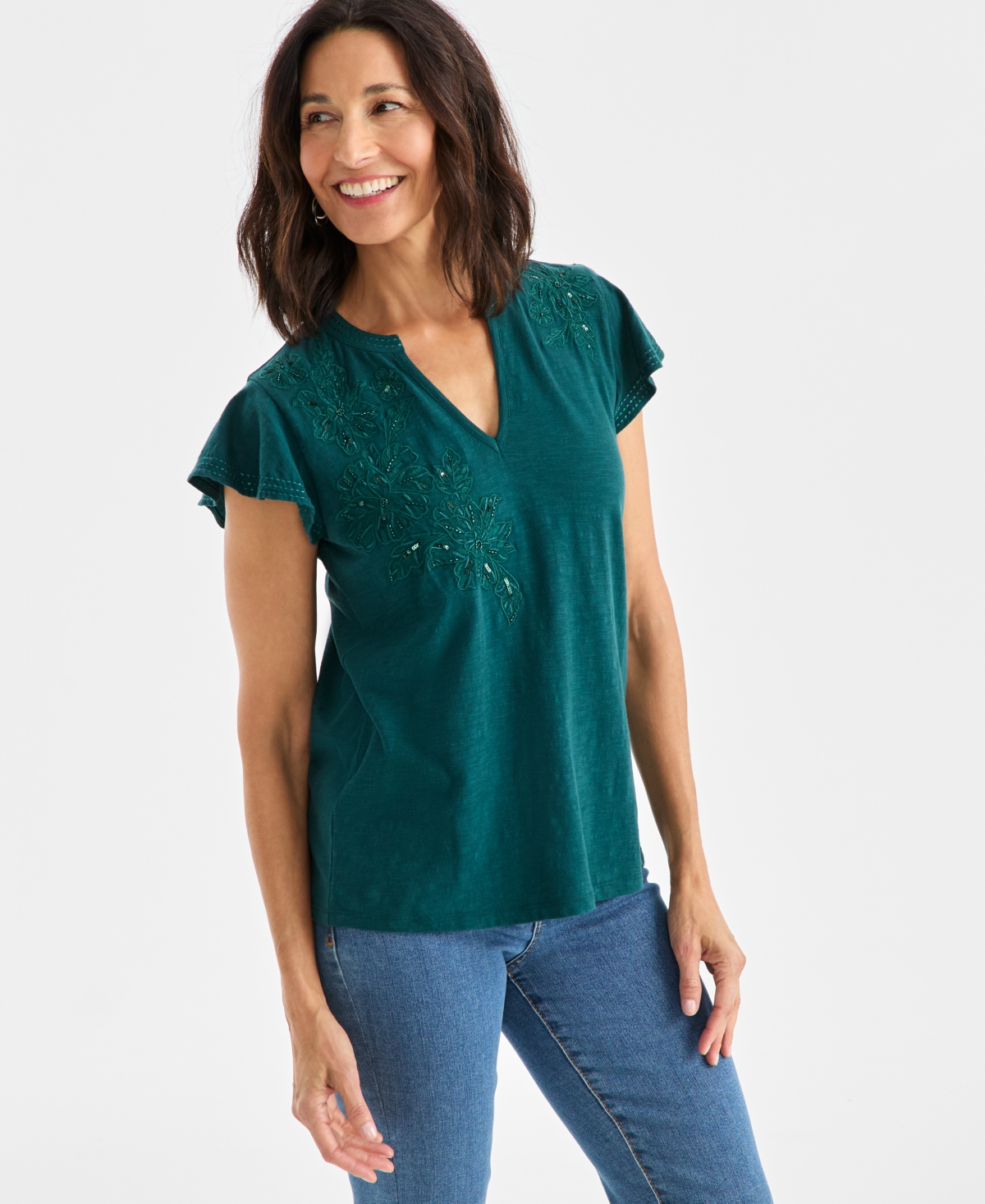 Click here for Style & Co Womens Cotton Embroidered Flutter-Sleev... prices