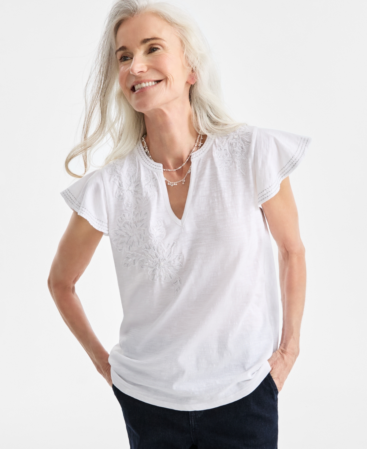 Click here for Style & Co Womens Cotton Embroidered Flutter-Sleev... prices