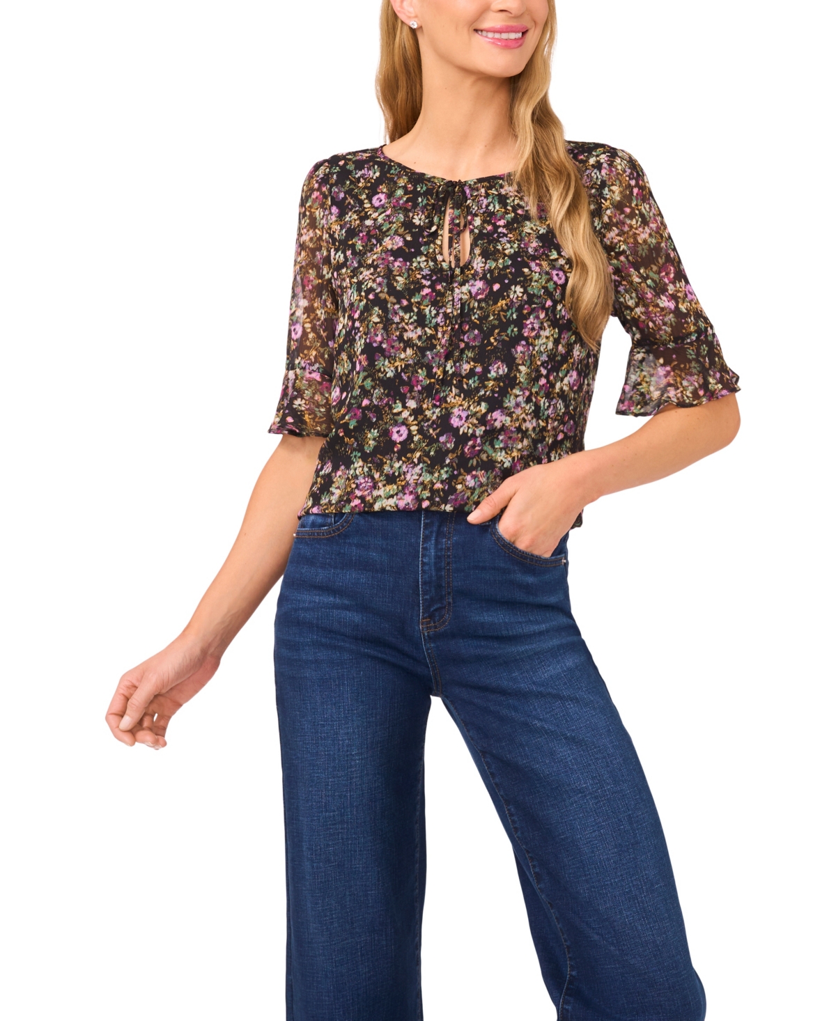 Click here for CeCe Womens Split Tie Neck Ruffle Cuff Top - Rich... prices