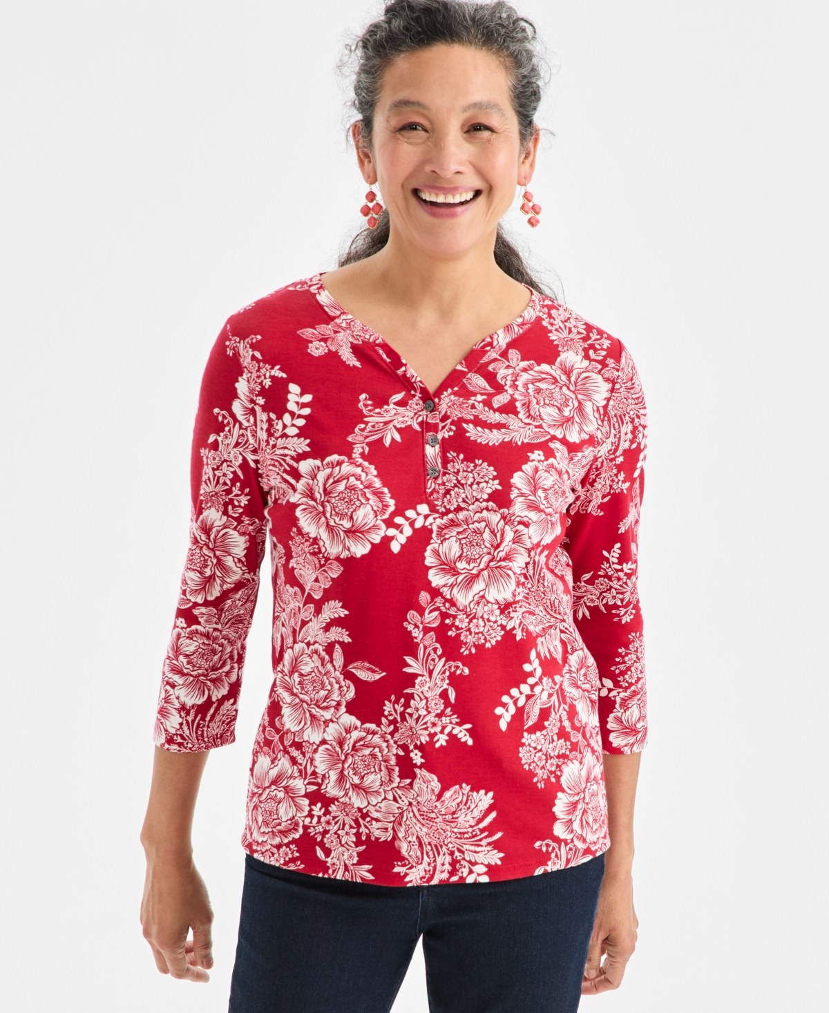 Style & Co Womens Printed 3/4 Sleeve Henley  Macys Exclusive - Red Floral