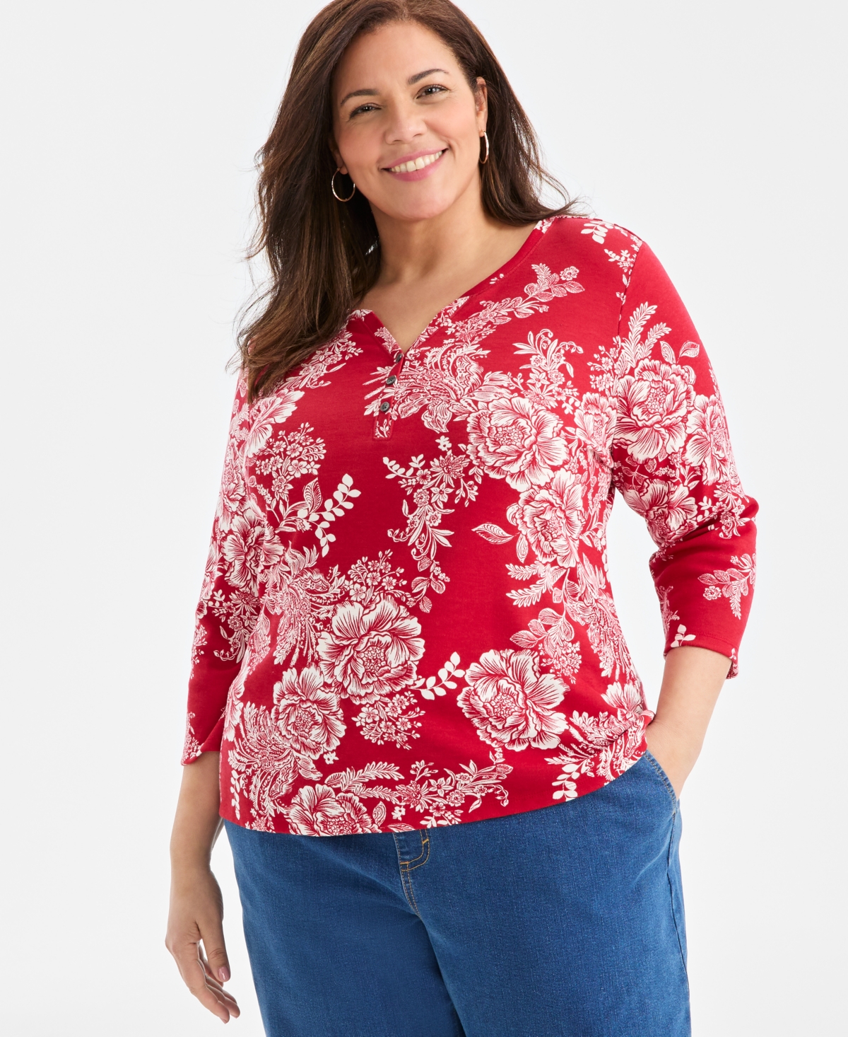Click here for Style & Co Plus Size 3/4-Sleeve Cotton Henley Top... prices