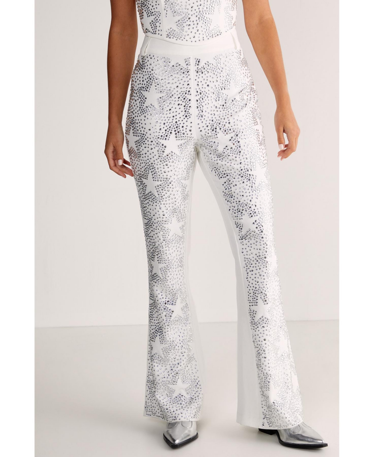 Nasty Gal Womens Star Diamante Tailored Flare Trousers - Ivory