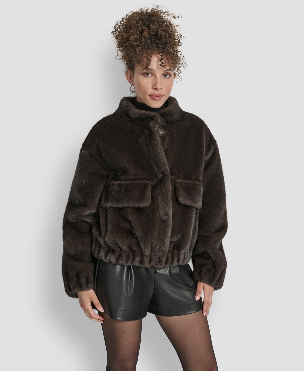 Click here for Dkny Womens Collar Neck Bomber Coat - Dark Brown prices