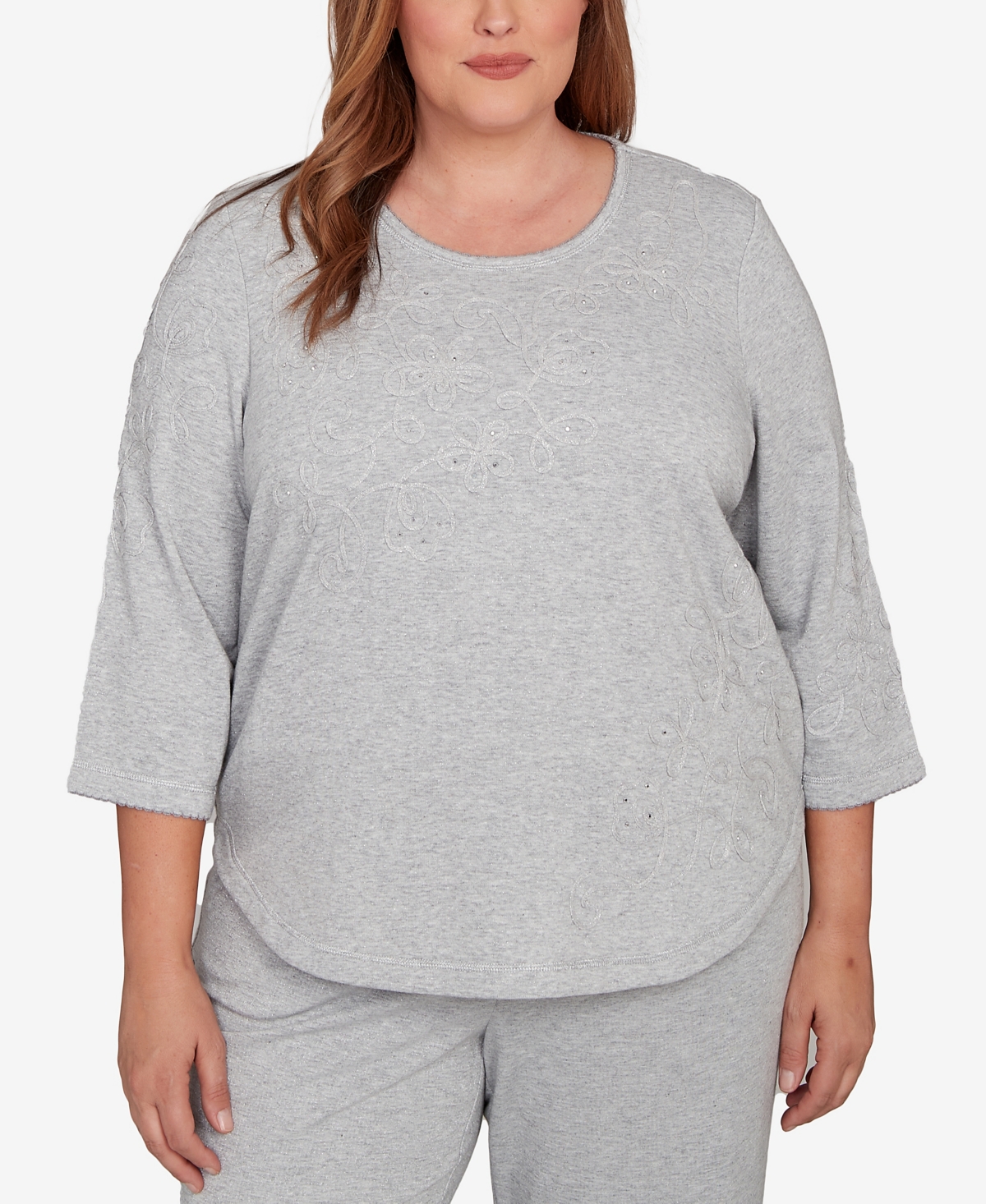 Alfred Dunner Plus Size Casual Vibe Asymmetrical Floral Embroidered Detail Top - Cultivated Pearl Heather