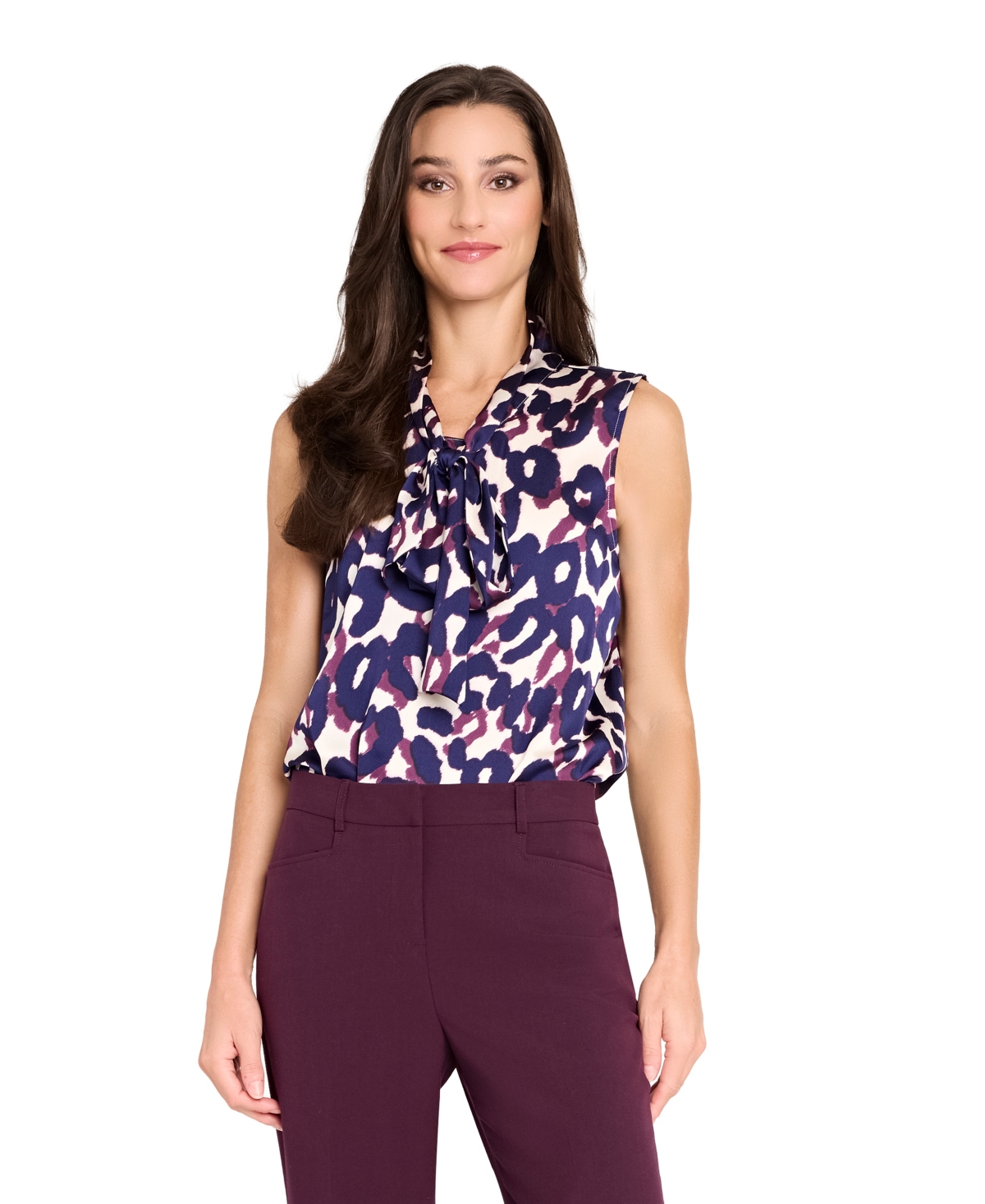 Click here for Tahari Asl Womens Tie-Neck Blouse - Plum Leopard prices