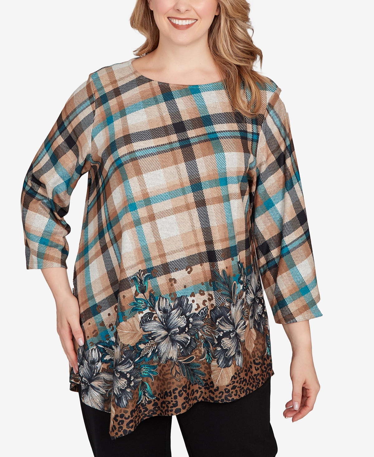 Click here for Ruby Rd. Plus Size Floral Plaid Cozy Ballet Neck T... prices