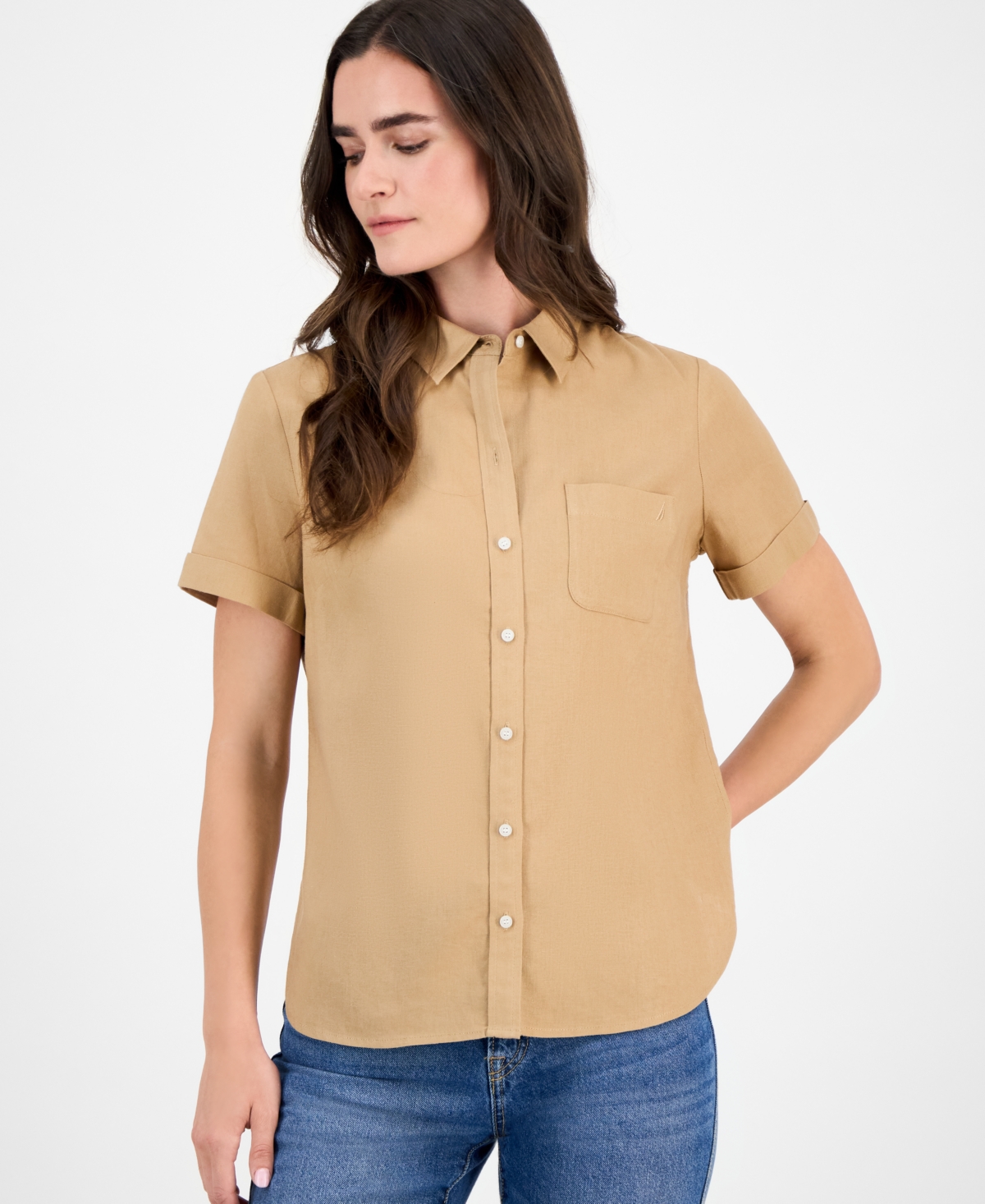 Click here for Nautica Jeans Womens Solid Short-Sleeve Camp Shirt... prices