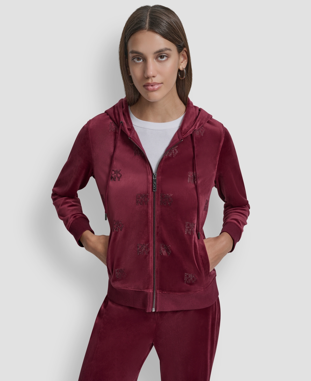 Click here for Dkny Jeans Petite Logo Detail Velour Zip-Up Hoodie... prices