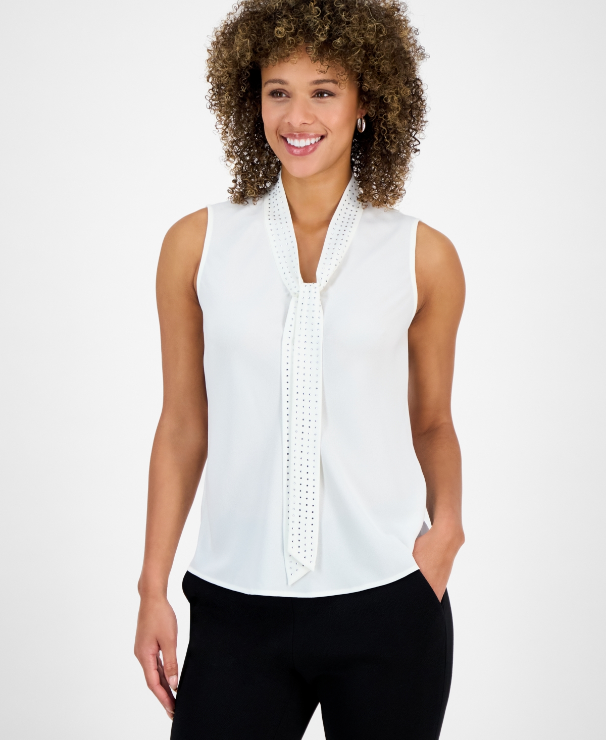 Click here for Kasper Womens Sleeveless Tie-Neck Top  Regular & P... prices