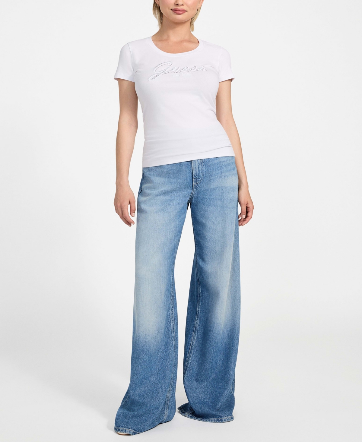 Click here for Guess Womens Embroidered Rhinestone Logo T-Shirt -... prices
