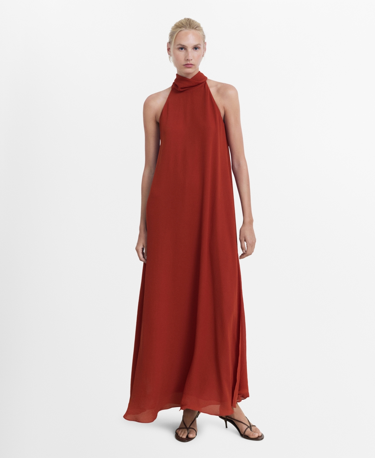Click here for Mango Womens Bow Neck Long Dress - Burnt Orange prices