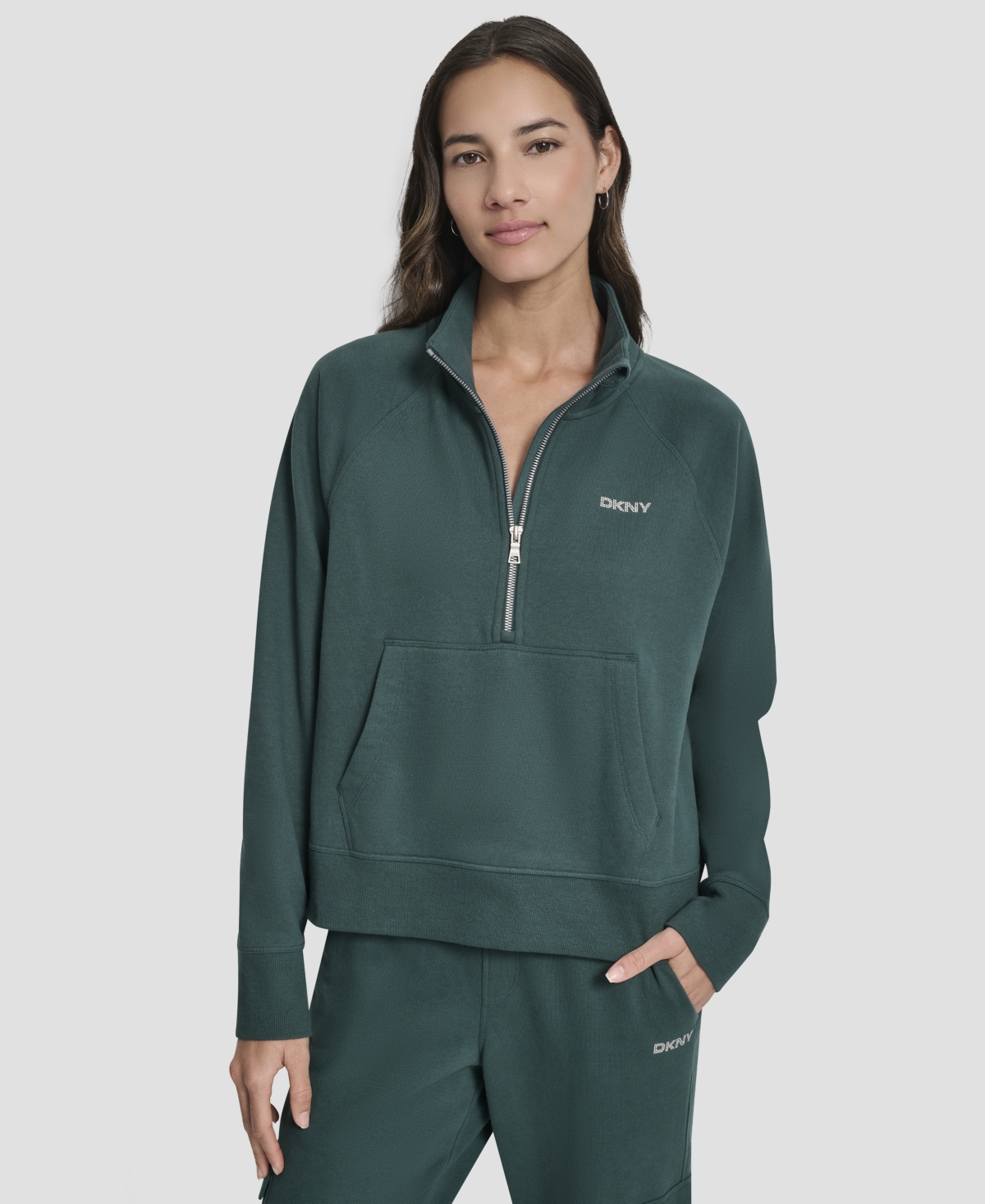 Dkny Sport Womens Studded-Logo Half-Zip Sweatshirt - Cool Pine