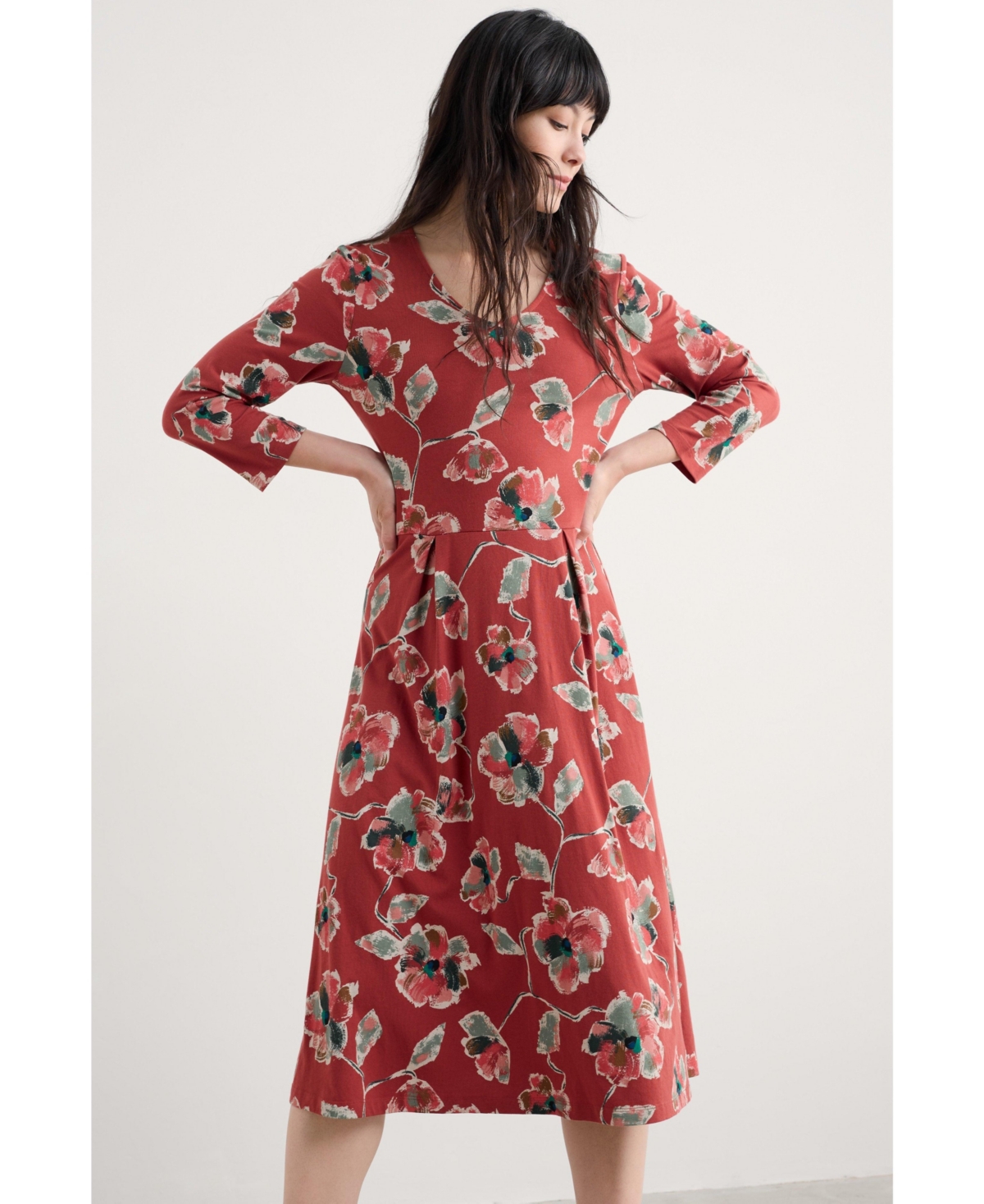 Seasalt Cornwall Womens Pier View Quarter Sleeve Dress - Artist camellia red sail