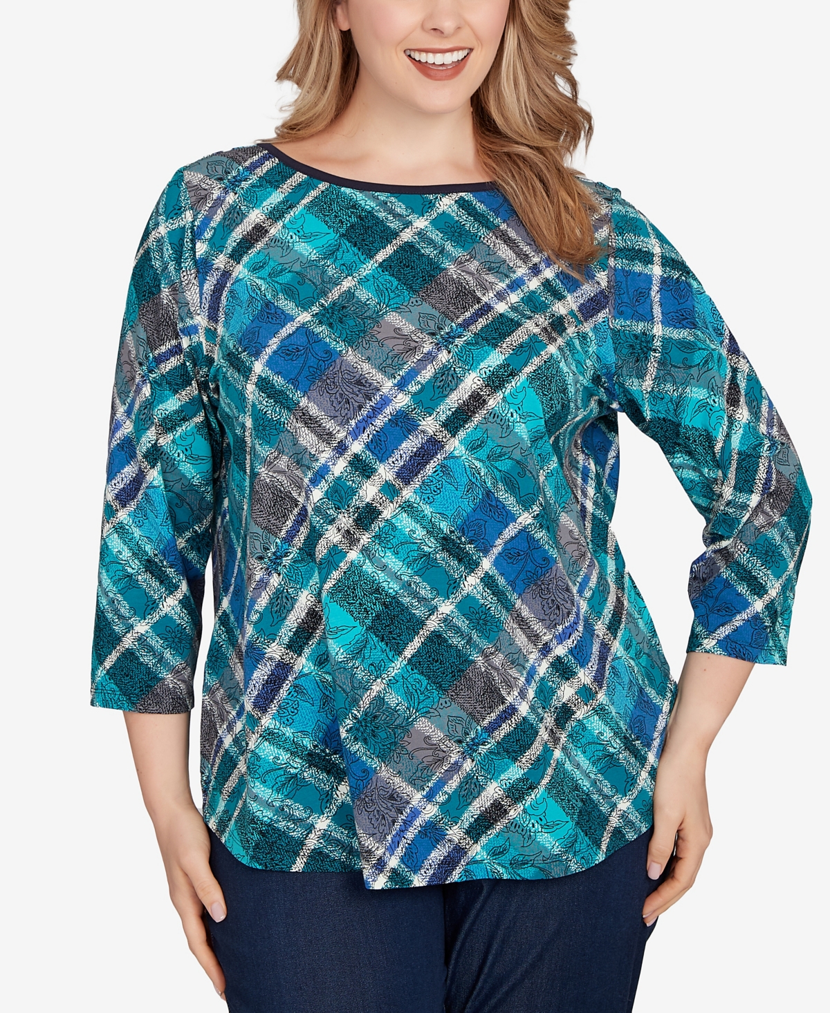 Click here for Ruby Rd. Plus Size Solid Tipped Plaid Knit Top - T... prices