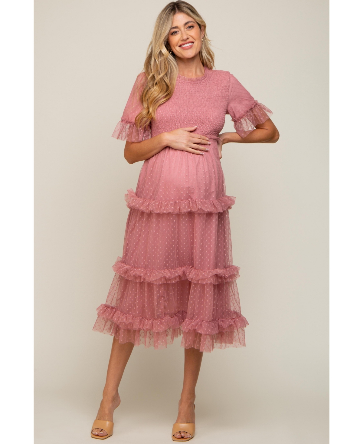 Click here for Pink Polka Dot Tulle Smocked Maternity Midi Dress... prices