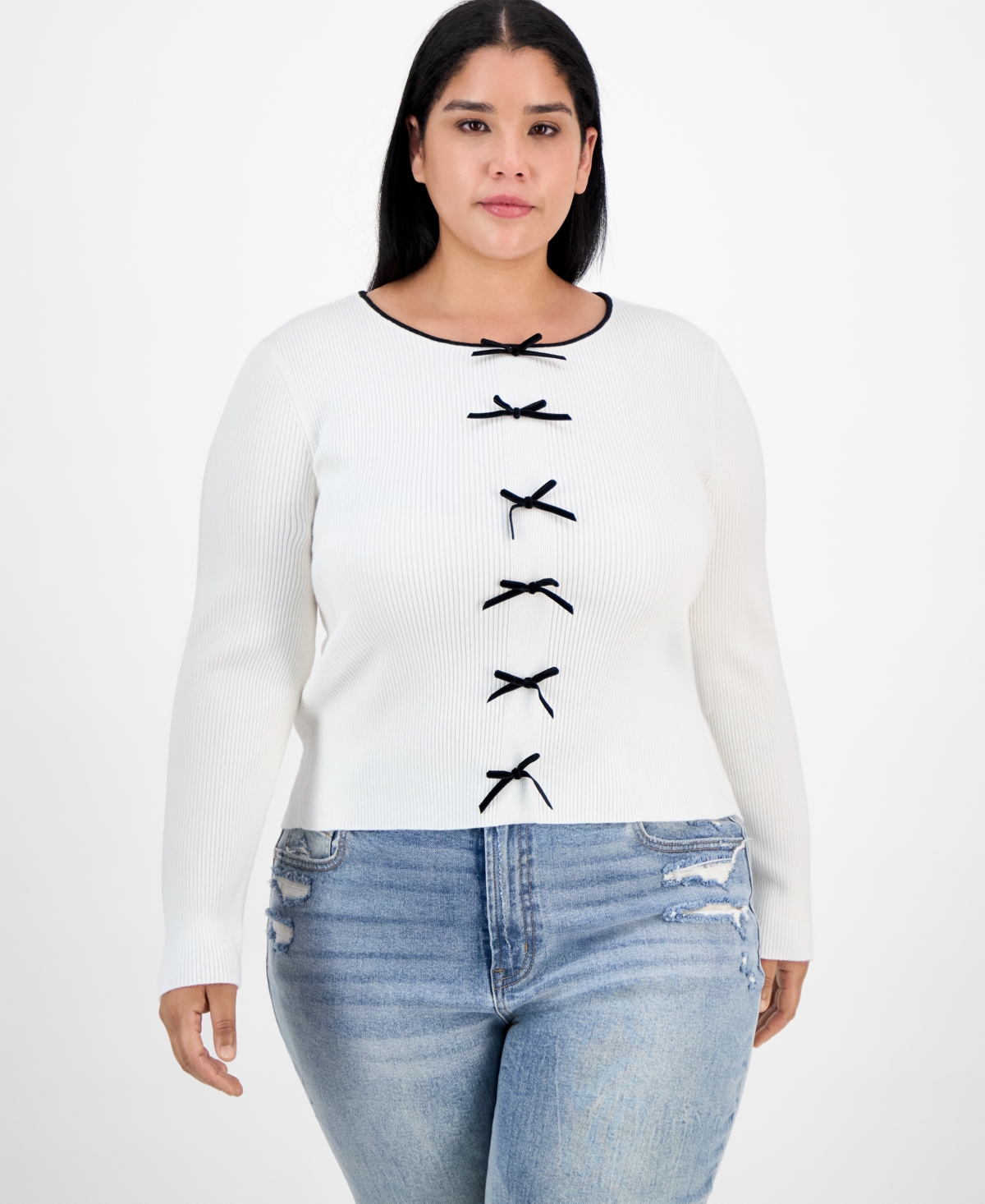 Click here for Madden Girl Trendy Plus Bow-Front Ribbed Crewneck... prices