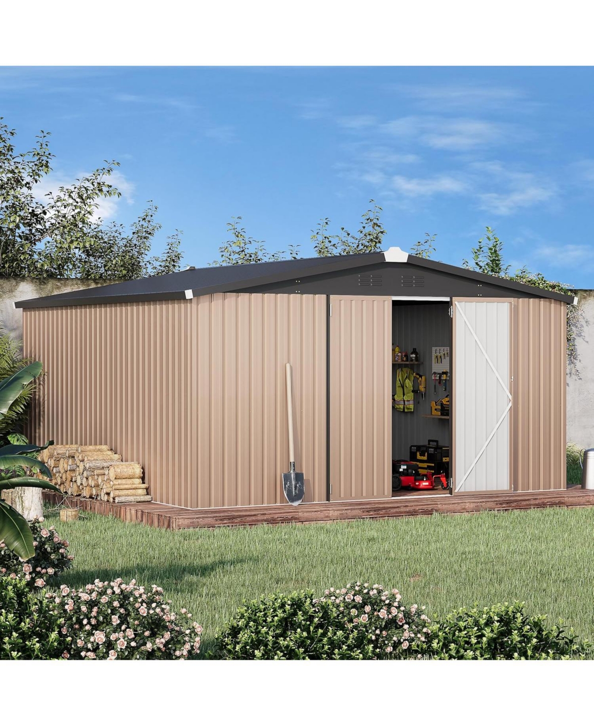 Click here for Aecojoy 12x12 Outdoor Storage Shed - Brown and gre... prices