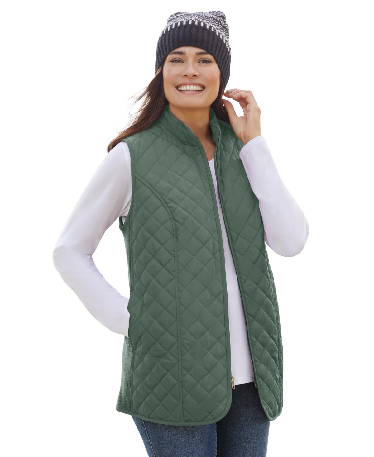 Click here for Woman Within Plus Size Zip-Front Quilted Vest - Pi... prices