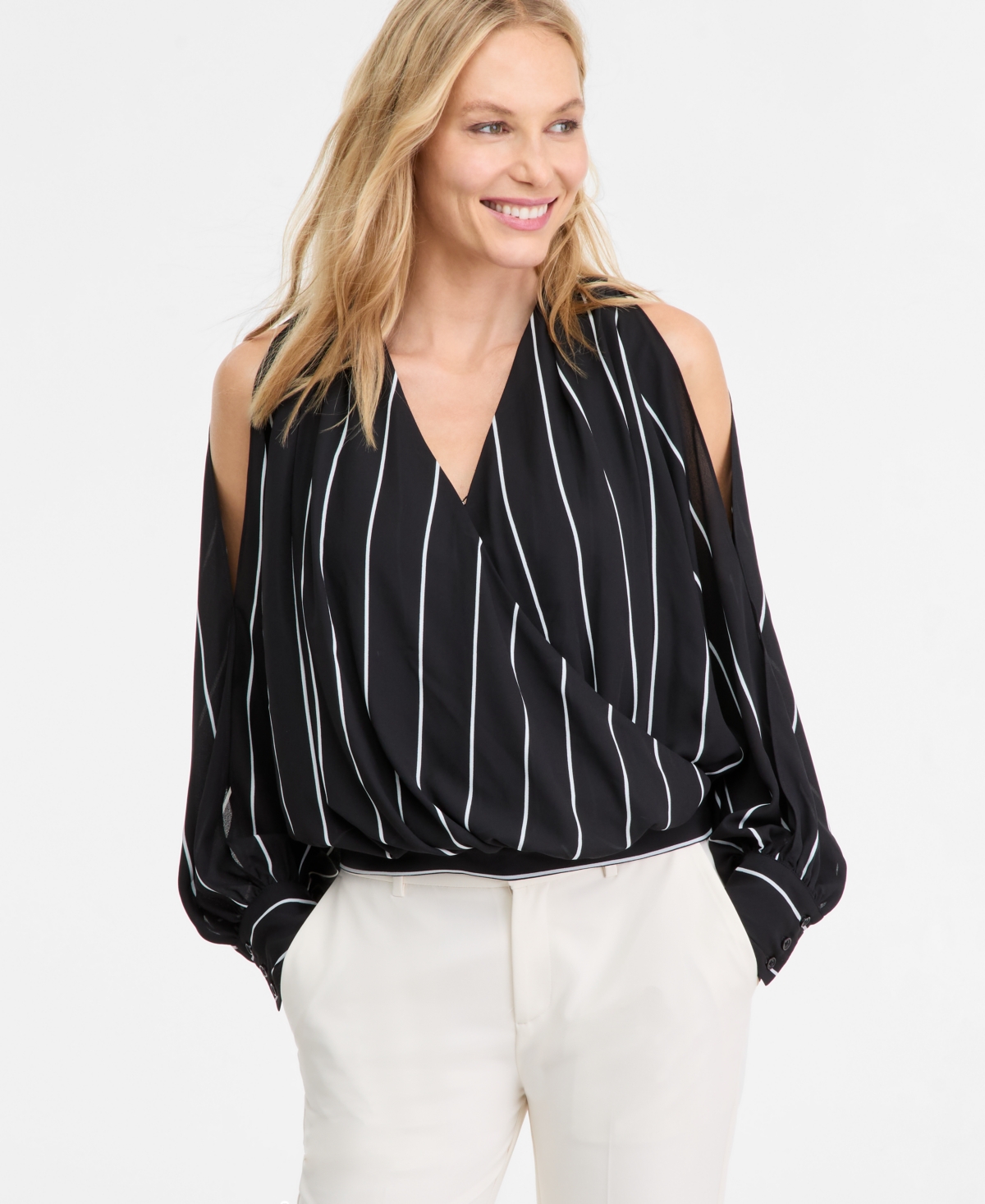 I.n.c. International Concepts Womens Printed Arm-Slit Surplice Blouse  Macys Exclusive - Phee Strip
